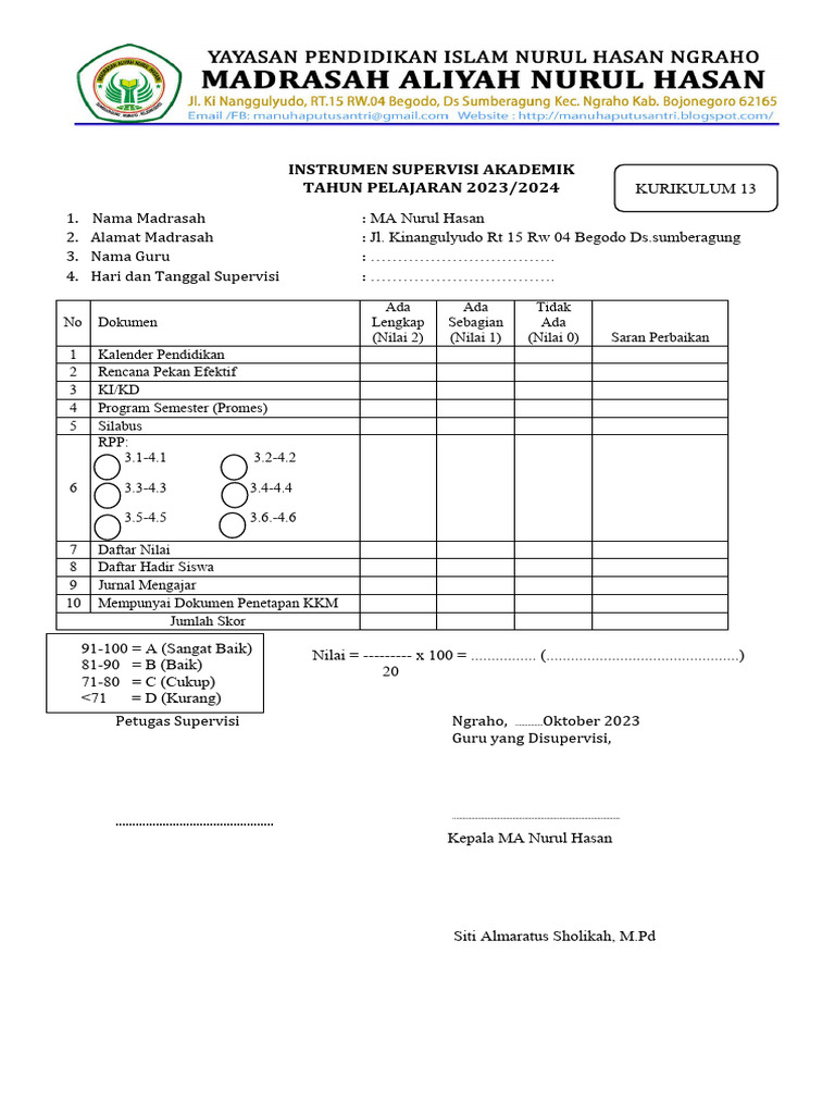 Instrumen Supervisi MA Nurul Hasan | PDF
