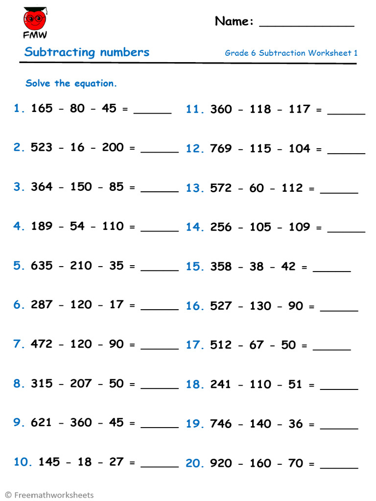 Grade 6 Subtraction Worksheet 1 | PDF
