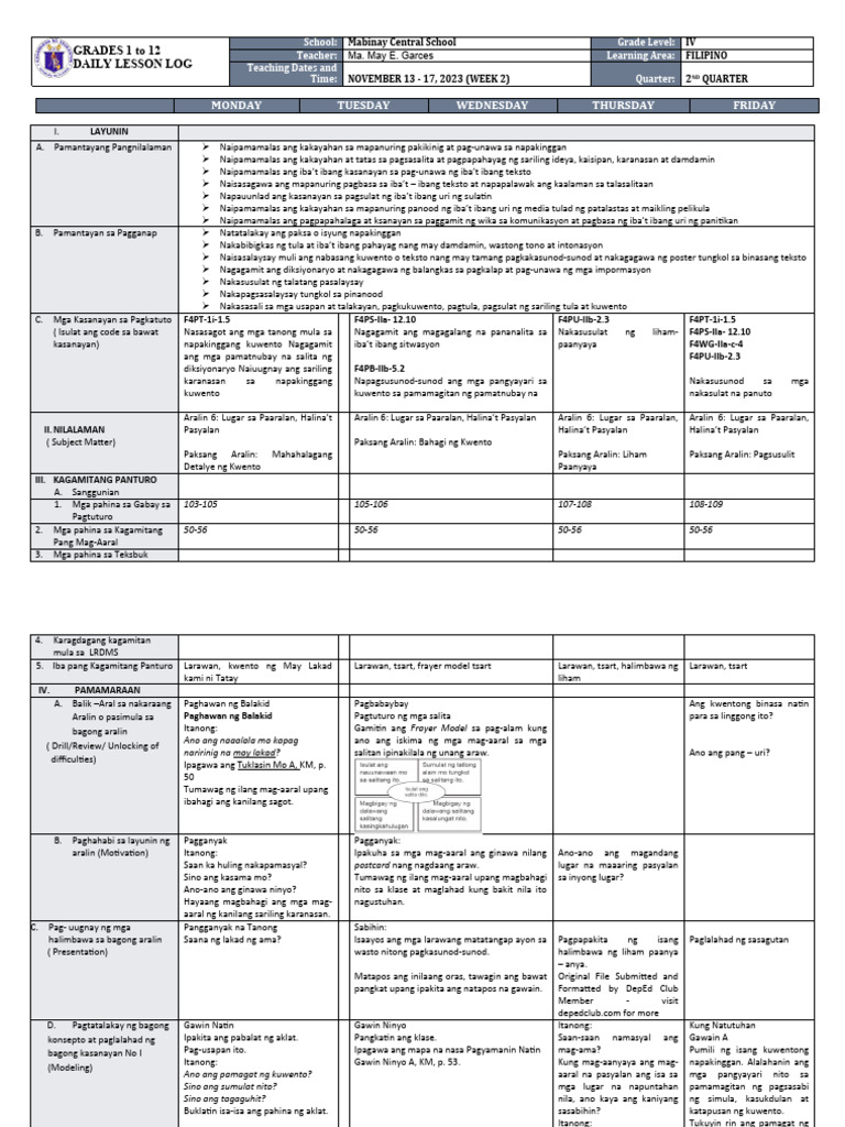 DLL - Filipino 4 - Q2 - W2 | PDF