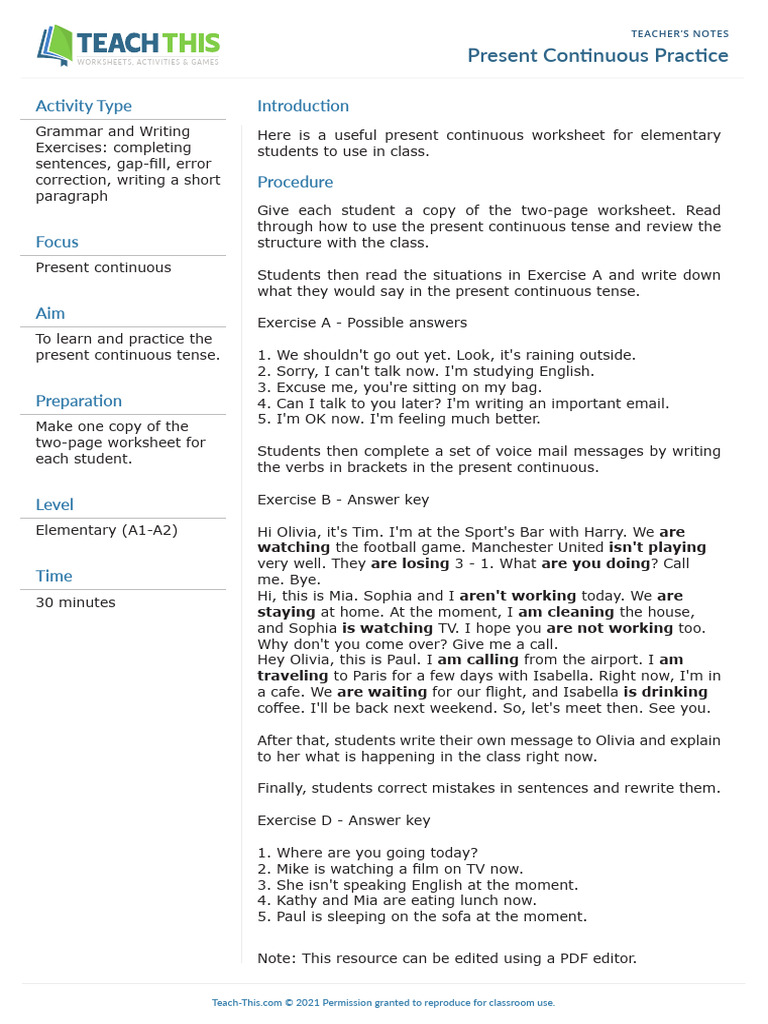 Present Continuous Practice Worksheet | PDF | Grammar | Linguistics