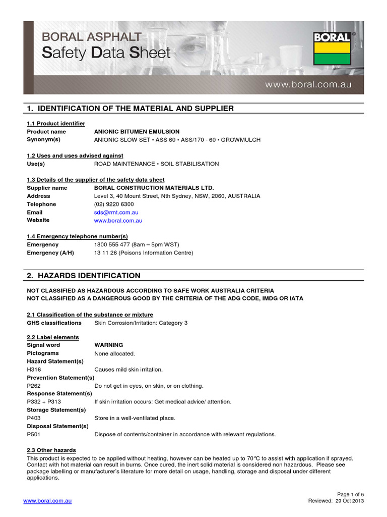 Boral Asphalt SDS Anionic Bitumen Emulsion (1) | PDF | Physical ...