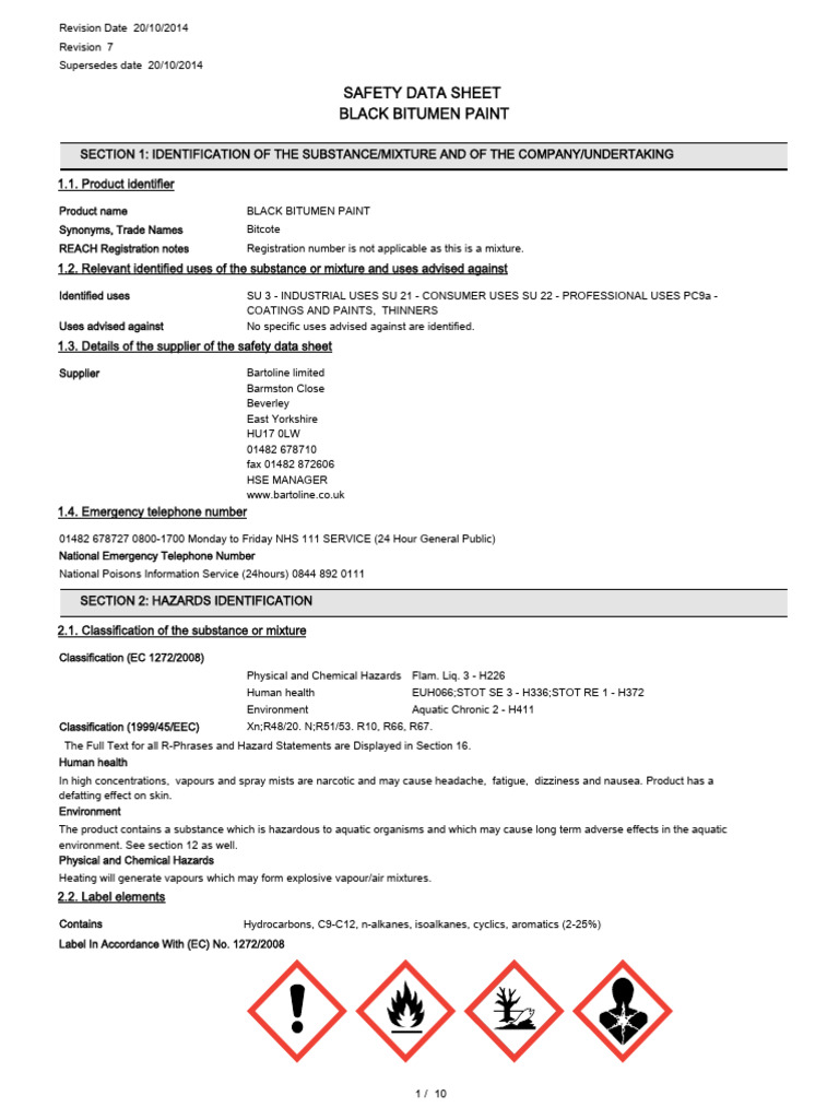 Black Bitumen Paint Safety Sheet | PDF | Dangerous Goods | Personal ...