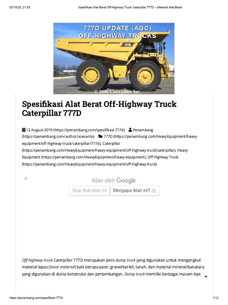 Spesifikasi Alat Berat Off-Highway Truck Caterpillar 777D - Mekanik Alat Berat | PDF