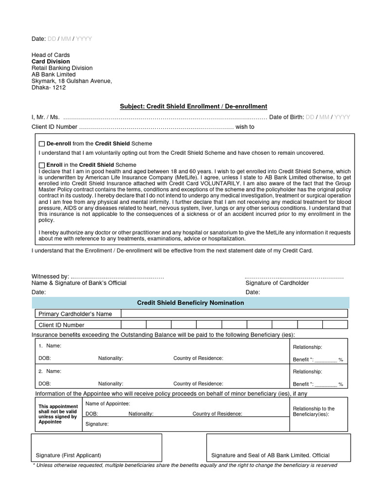 Credit Shield Enrollment Form | PDF | Insurance | Health Care