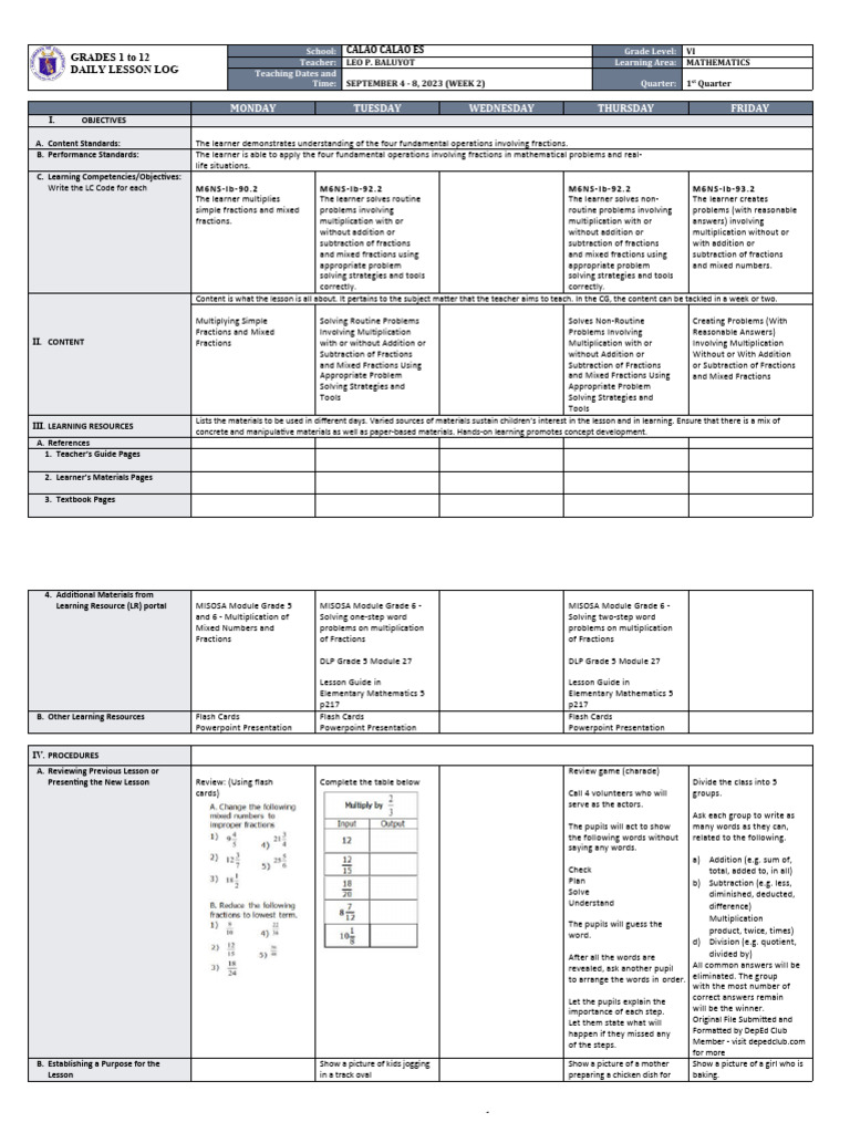 DLL - Mathematics 6 - Q1 - W2 | PDF | Multiplication | Learning