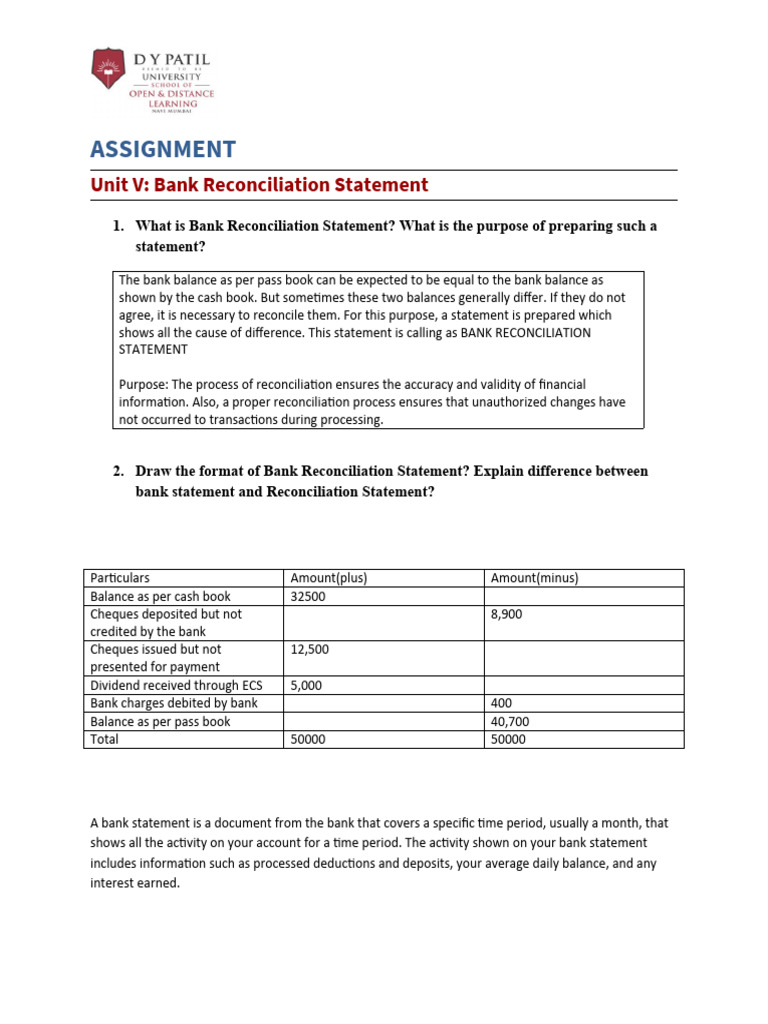 Bank Reconciliation Statement | PDF