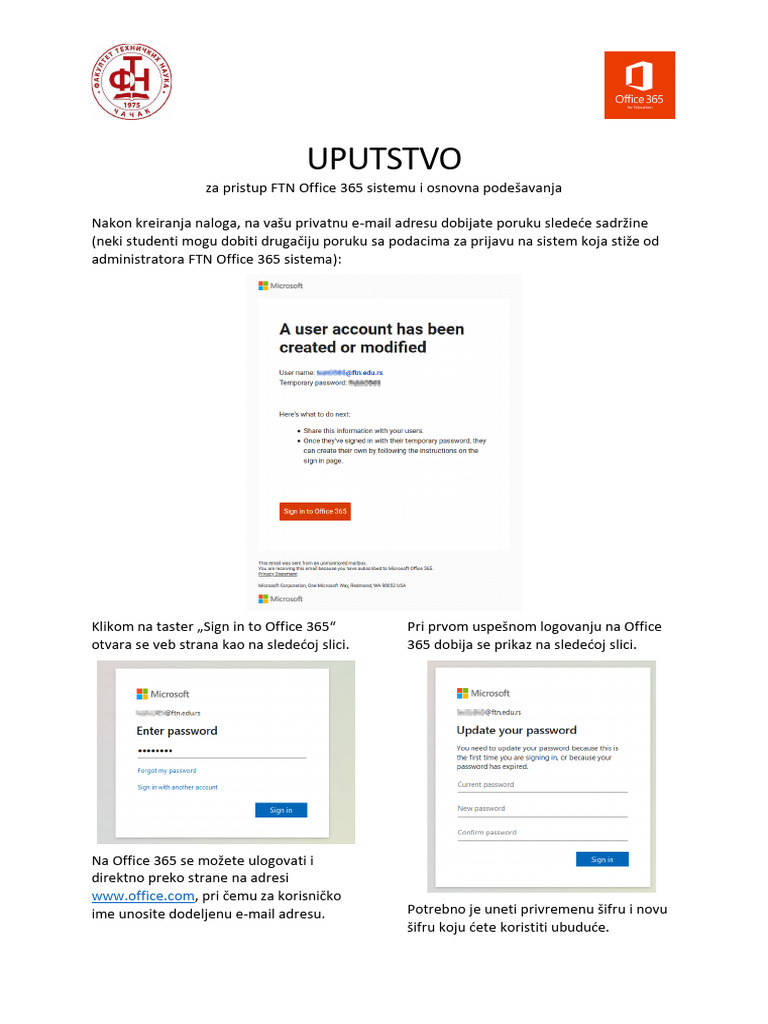 Office 365 - Uputstvo Za Studente - Prijava I Osnovna Podesavanja | PDF