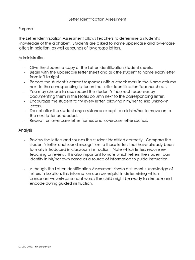 Kindergarten Letter Assessment Guide | PDF | Letter Case | Encodings