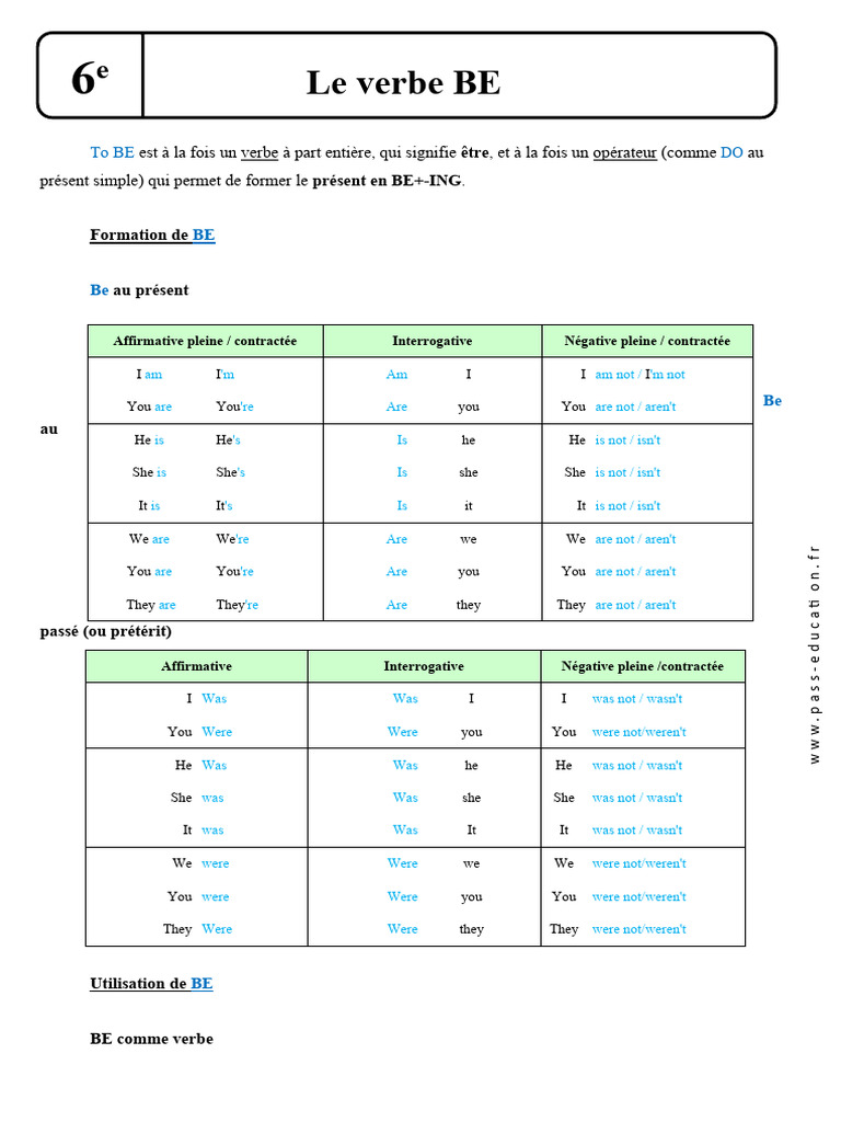 Le Verbe BE 6Ã Me Cours | PDF | Linguistics | Language Mechanics