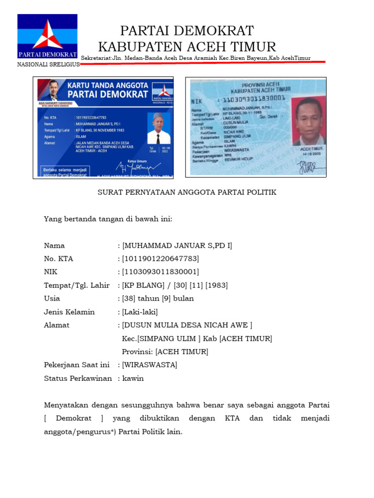 Surat Pernyataan Anggota Partai Demokrat | PDF