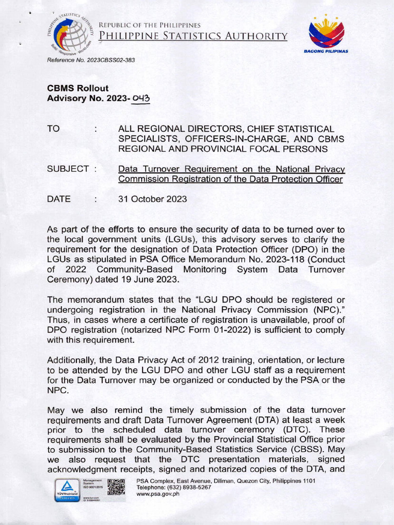 ADVISORY 2023-043 Data Turnover Requirement On The National Privacy ...