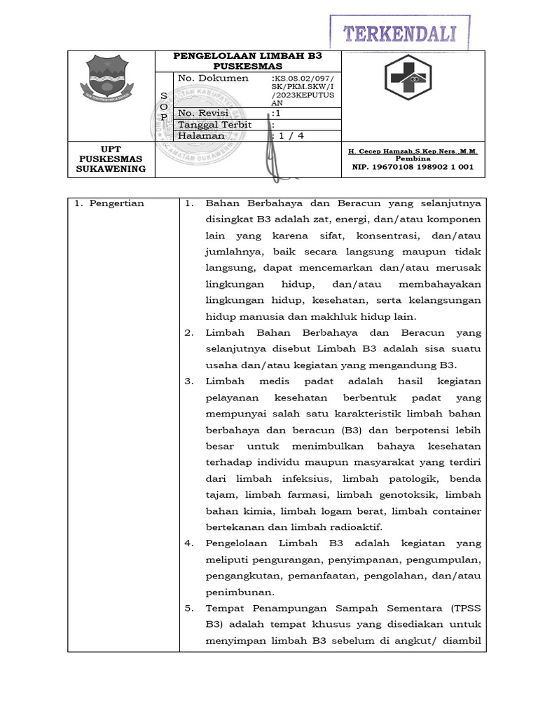 SOP PENGELOLAAN LIMBAH B3 PUSKESMAS | PDF