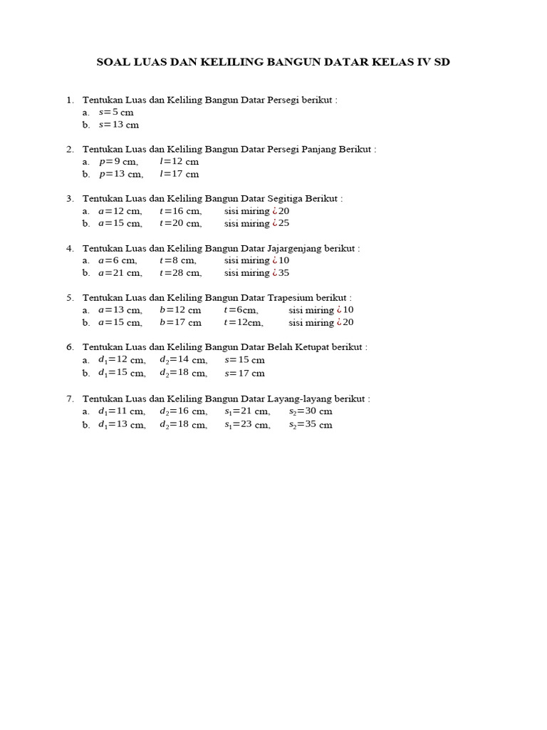 Soal Luas Dan Keliling Bangun Datar Kela | PDF