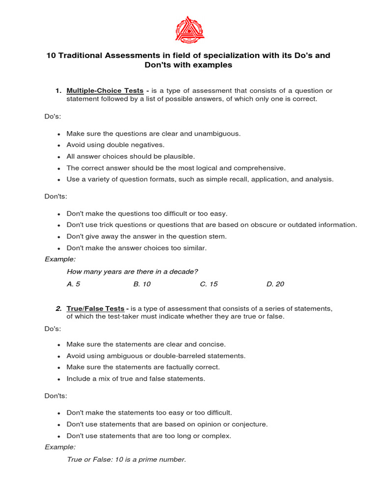 10 Traditional Assessments in Field of Specialization With Its Do | PDF ...
