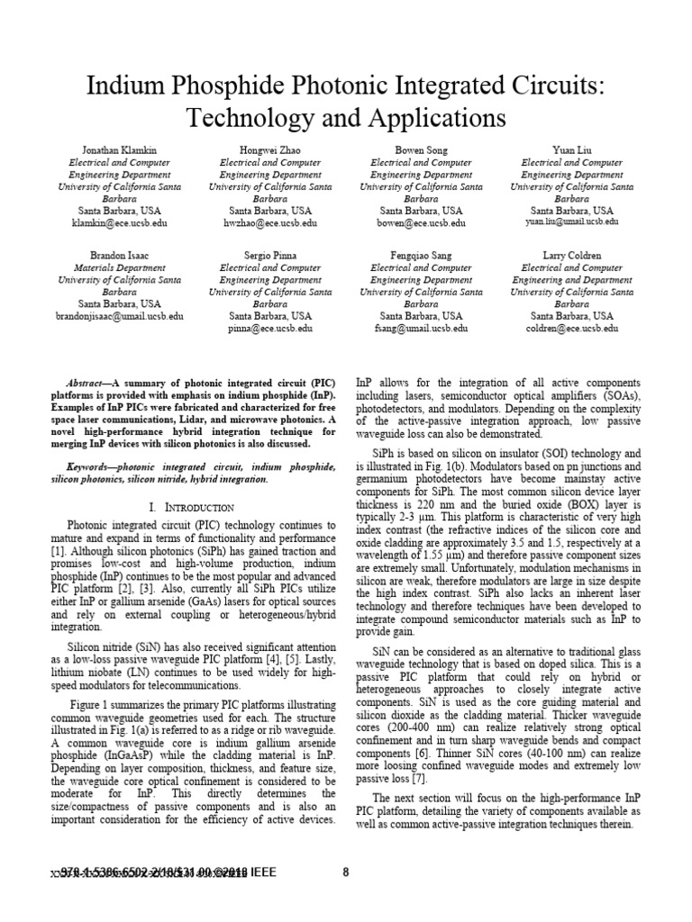 Indium Phosphide Photonic Integrated Circuits - Technology and Applications-Klamkin | PDF ...