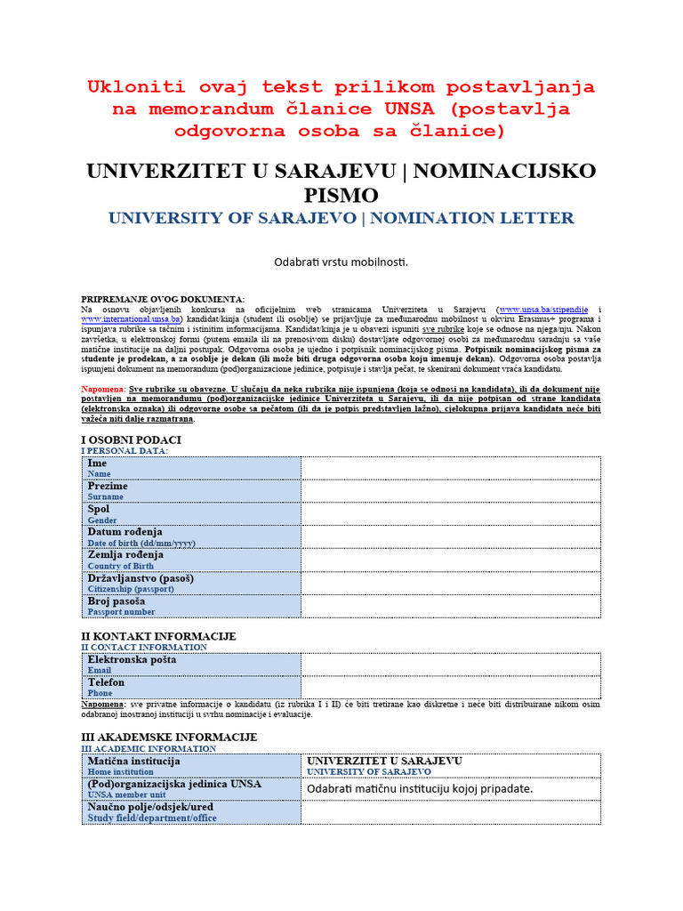 Nominacijsko Pismo UNSA | PDF