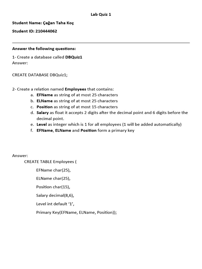 SQL Database Lab Quiz | PDF