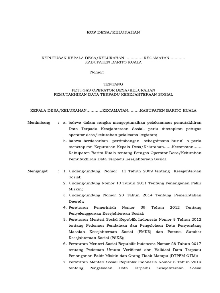 SK Petugas Pemutakhiran DTKS Desa Terbaru | PDF