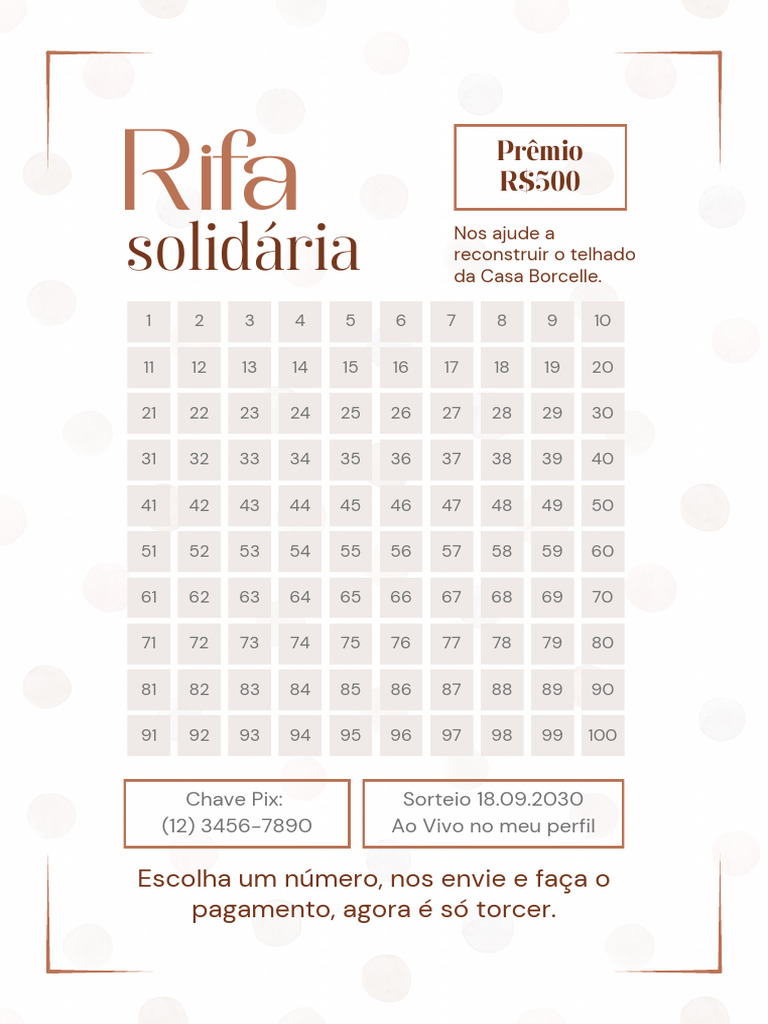 Convite Virtual Rifa Solidária Com 100 Números Minimalista Marrom | PDF