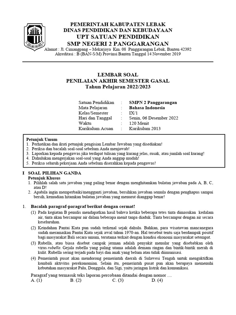 Soal PAS B.indo Kelas 9 K13 2022 | PDF