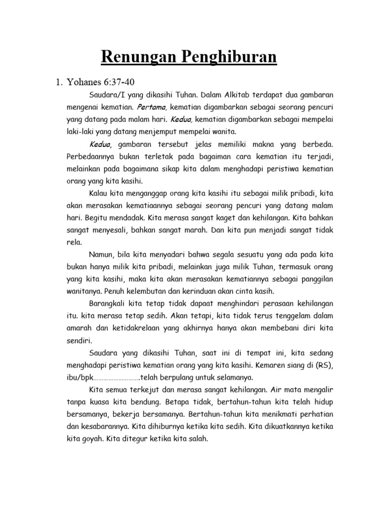 Khotbah Untuk Penghiburan Orang Mati. Pdt. Yefta | PDF