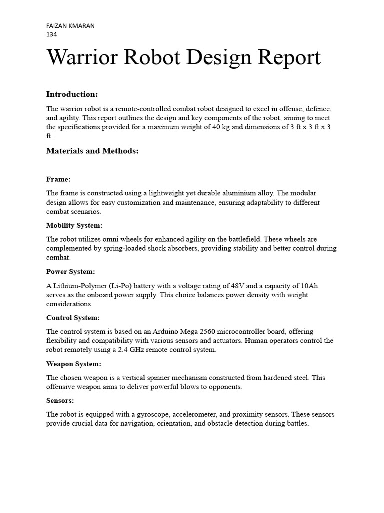 Warrior Robot Design Report | PDF | Robot | Robotics