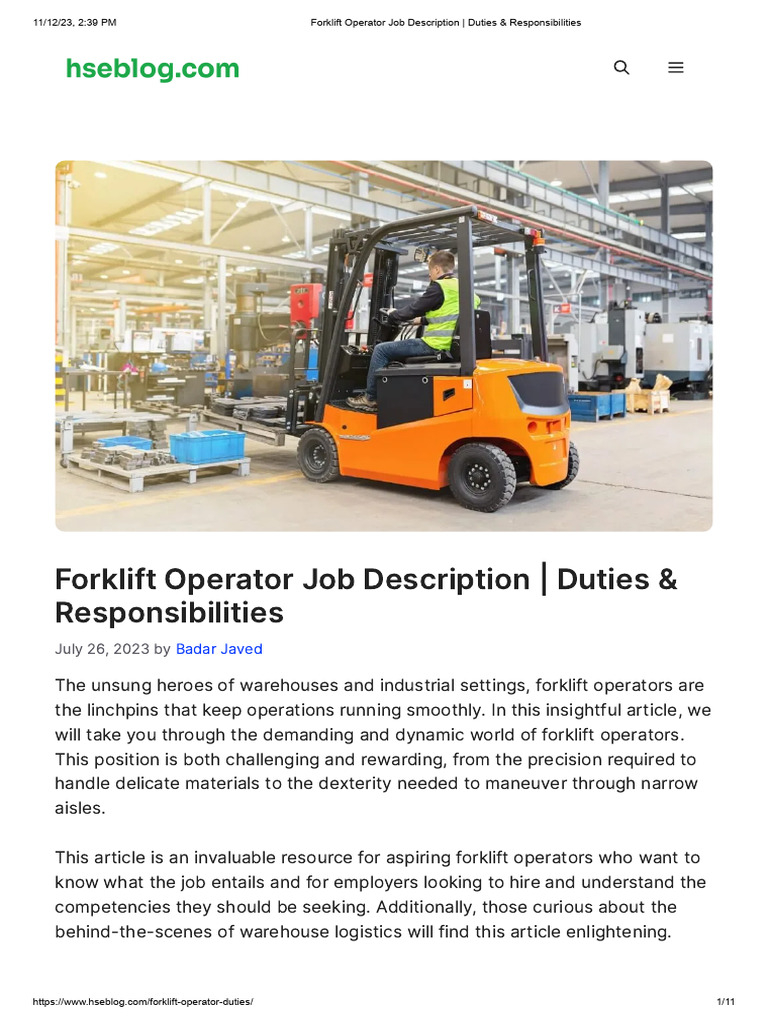 Forklift Operator Job Duties Explained | PDF | Forklift | Warehouse