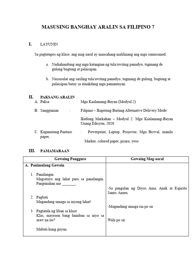 MASUSING BANGHAY ARALIN SA FILIPINO 7 Modyul 2 | PDF