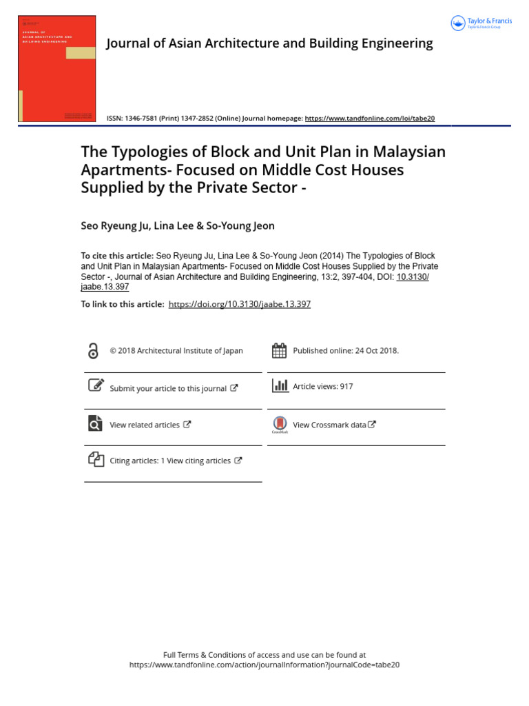 The Typologies of Block and Unit Plan in Malaysian Apartments Focused On Middle Cost Houses ...
