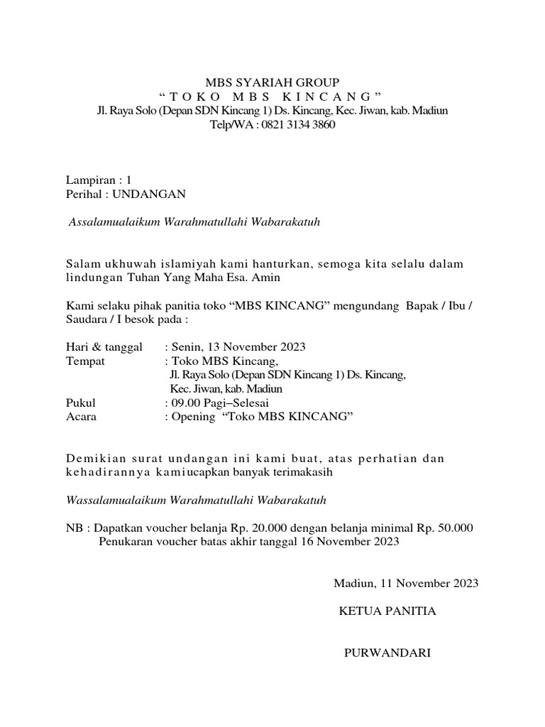 Undangan Pembukaan Toko MBS Kincang | PDF