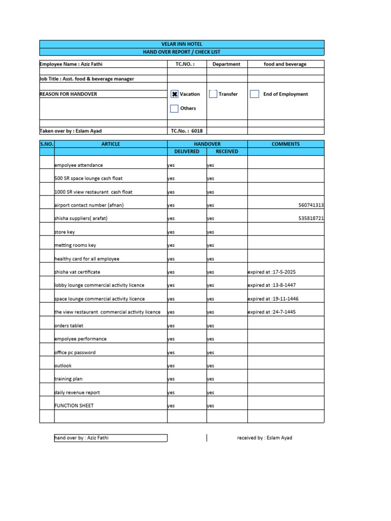 Hand Over Report Check List - FB | PDF | Manufactured Goods