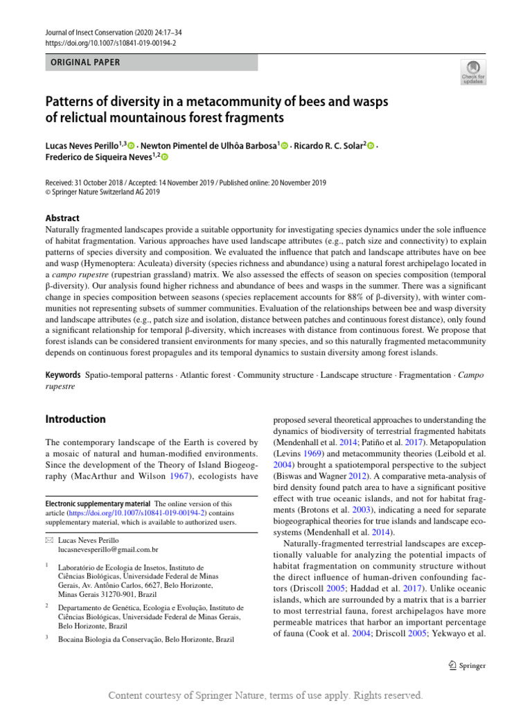 Patterns of Diversity in A Metacommunity of Bees A | PDF | Biodiversity | Forests