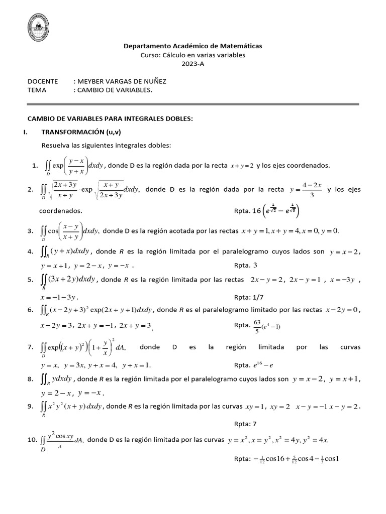 Guia 14 Cambio de Variable en Integrales Dobles | PDF | Matemáticas | Análisis matemático