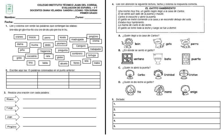 Evaluación de Español - Grado Primero | PDF