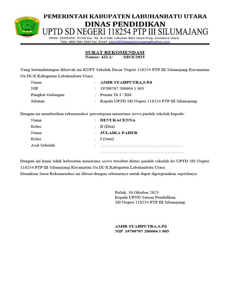 Surat Rekomendasi Siswa Pindah | PDF
