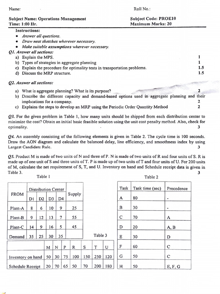 OM Question Paper | PDF | Operations Management | Systems Science