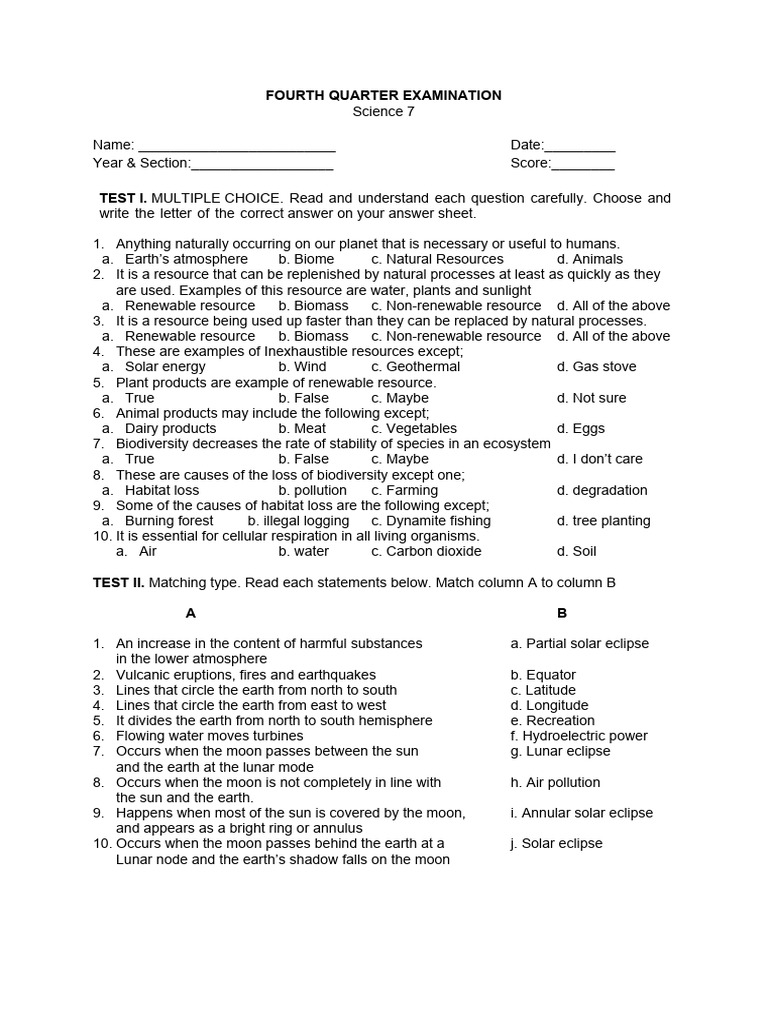 FOURTH QUARTER EXAMINATION Science 7 | PDF | Solar Eclipse | Earth