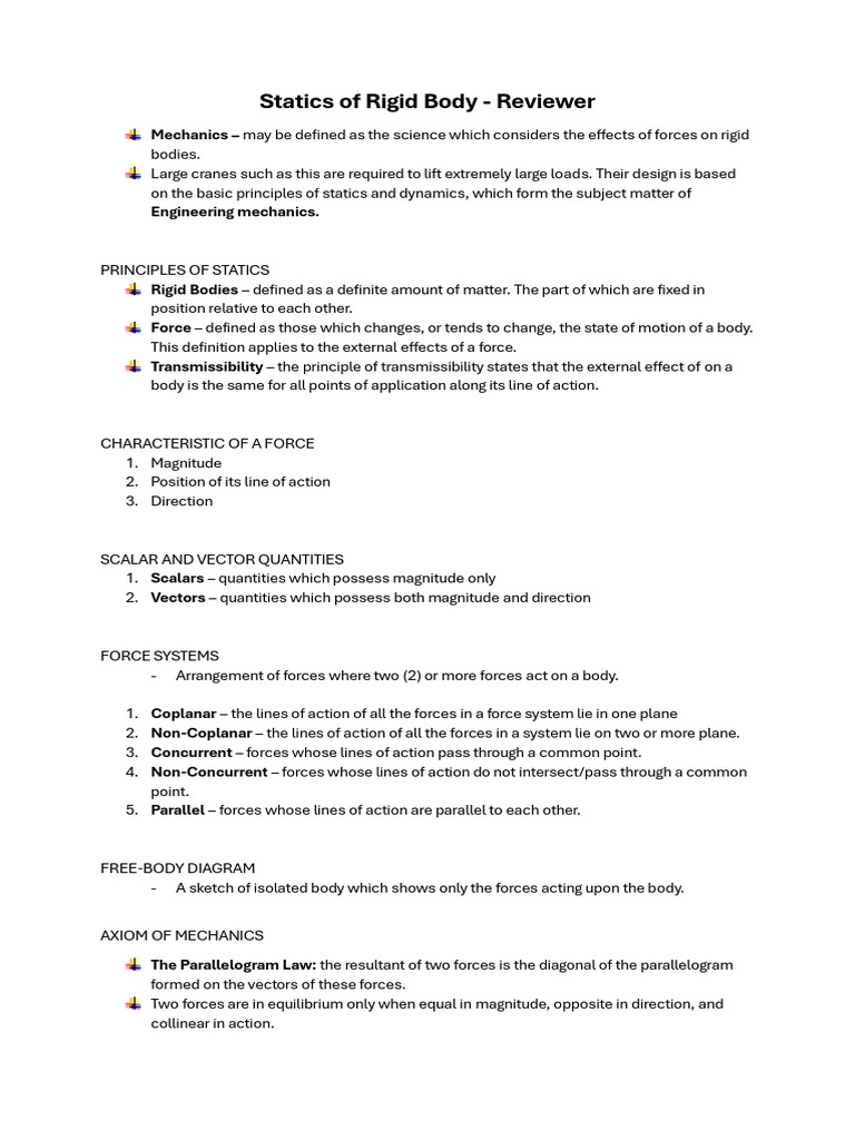 Statics Of Rigid Body Reviewer Pdf Force Euclidean Vector