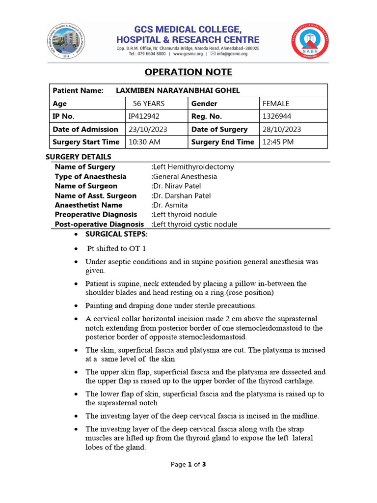 Lakshmiben Left Hemithyroidectomy | PDF | Thyroid | Surgery