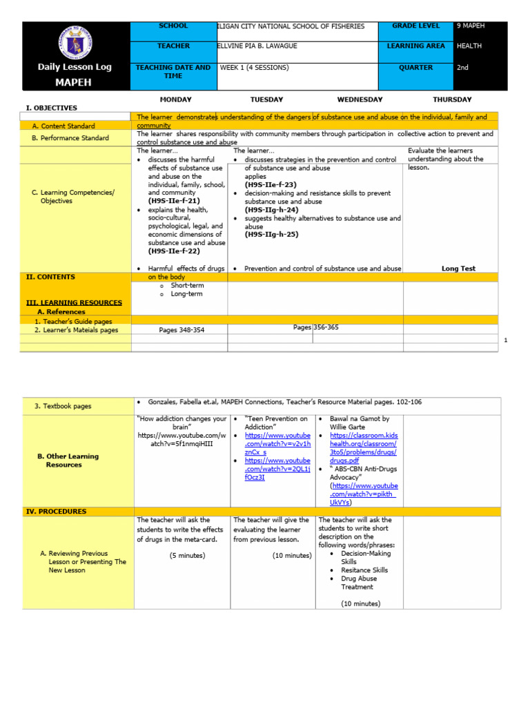 Grade 9 Health Dll 2 1 PDF | PDF | Substance Abuse | Teachers