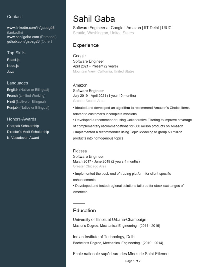 Sahil Gaba: Software Engineer Profile | PDF | Business