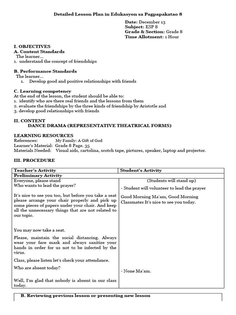 Detailed Lesson Plan in Edukasyon Sa Pagpapakatao 8 | PDF | Friendship ... Detailed Lesson Plan in Edukasyon Sa Pagpapakatao 8 | PDF | Friendship ...