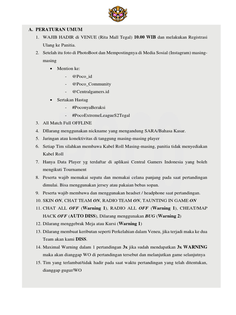 Rules Turnamen Offline Poco Extreme League S2 (Tegal) MLBB | PDF