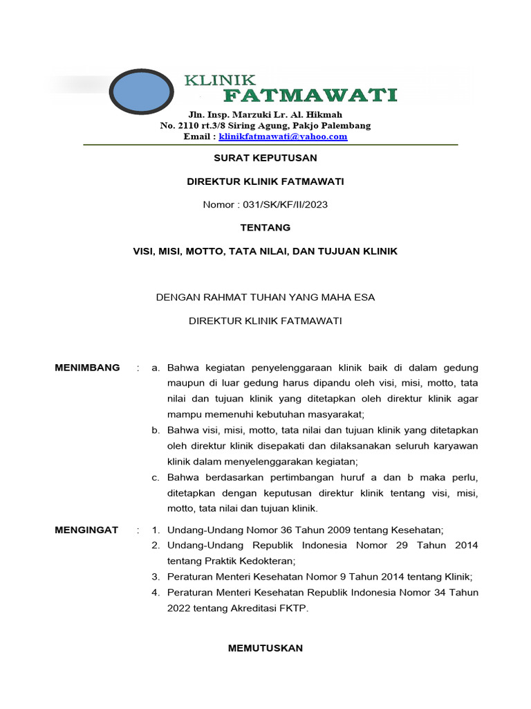 SK Visi Misi Motto. Tata Nilai Dan Tujuan Klinik | PDF