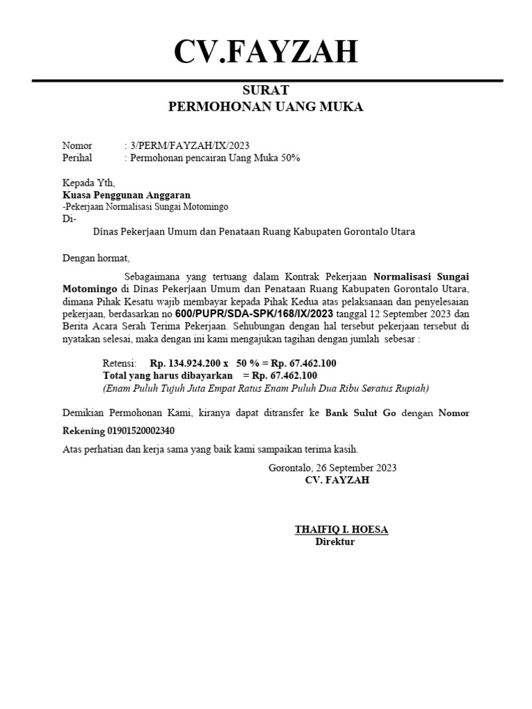 Surat Permohonan Uang Muka | PDF