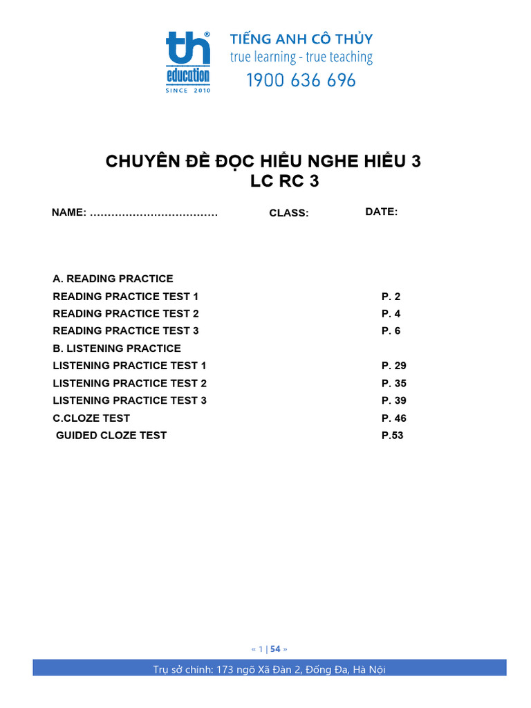 Chuyên Đề Đọc Hiểu Nghe Hiểu 3 Lcrc3: Trụ sở chính: 173 ngõ Xã Đàn 2, Đống Đa, Hà Nội | PDF