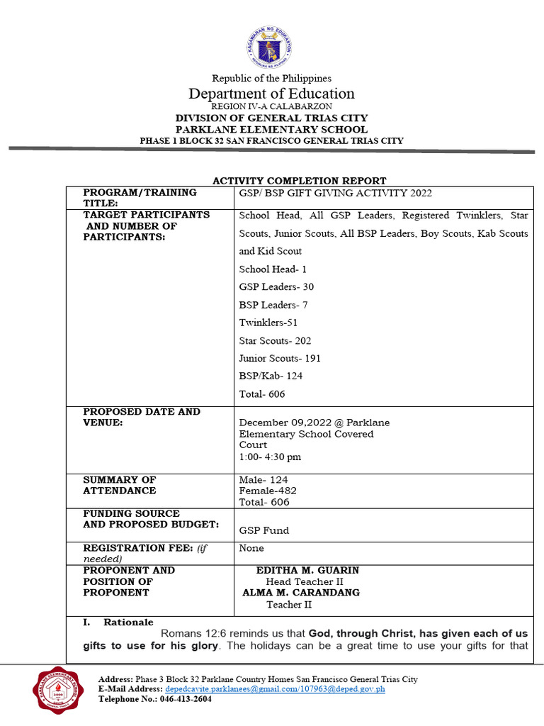 Gad Completion Report 2022 Parklane Es | PDF