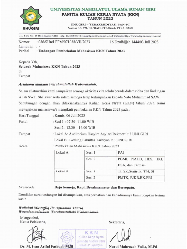 086 Surat Undangan Pembekalan Mahasiswa KKN 2023 | PDF