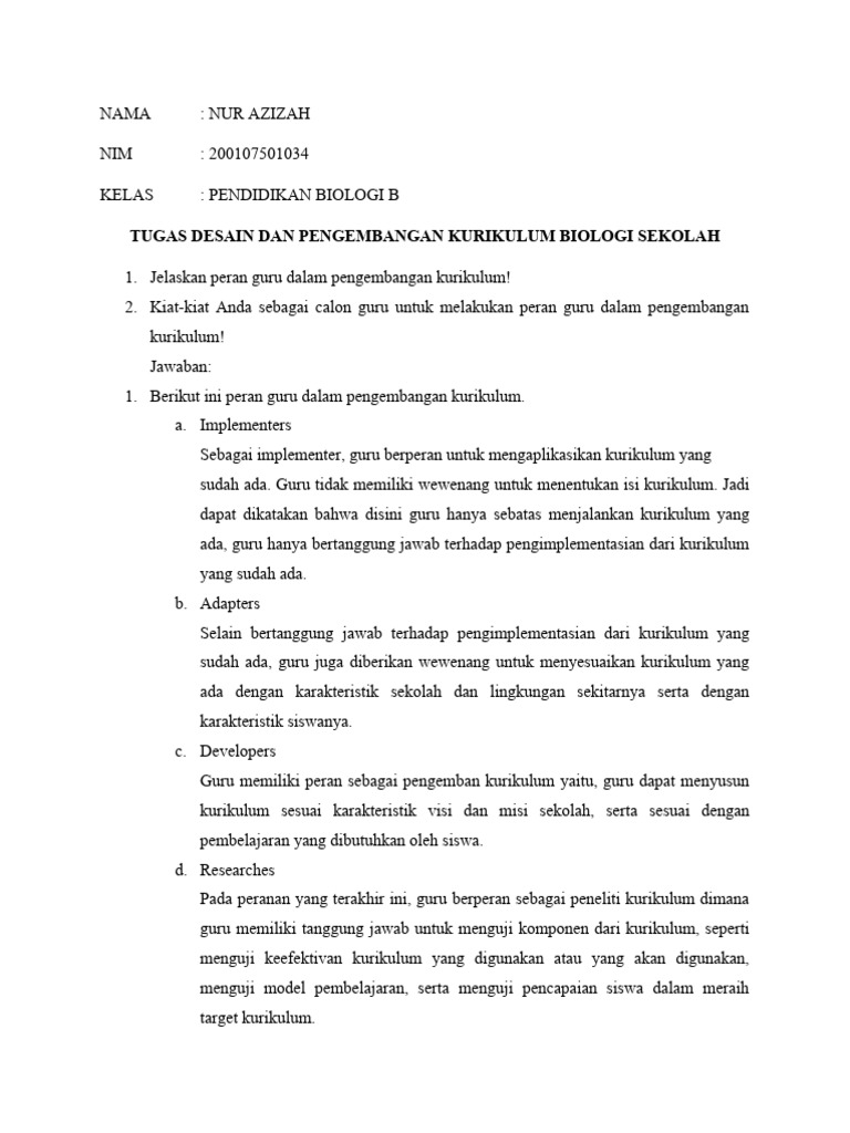 Tugas 2 Desain Dan Pengembangan Kurikulum Biologi Sekolah | PDF | Karier & Perkembangan ...