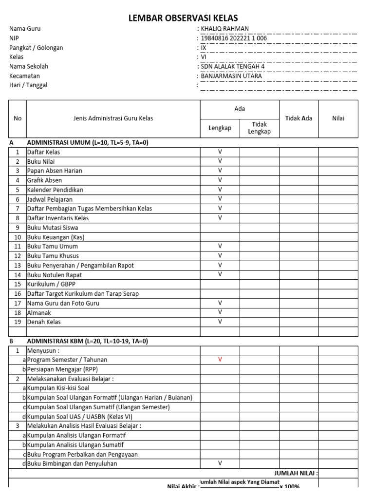 # Lembar Observasi Supervisi | PDF